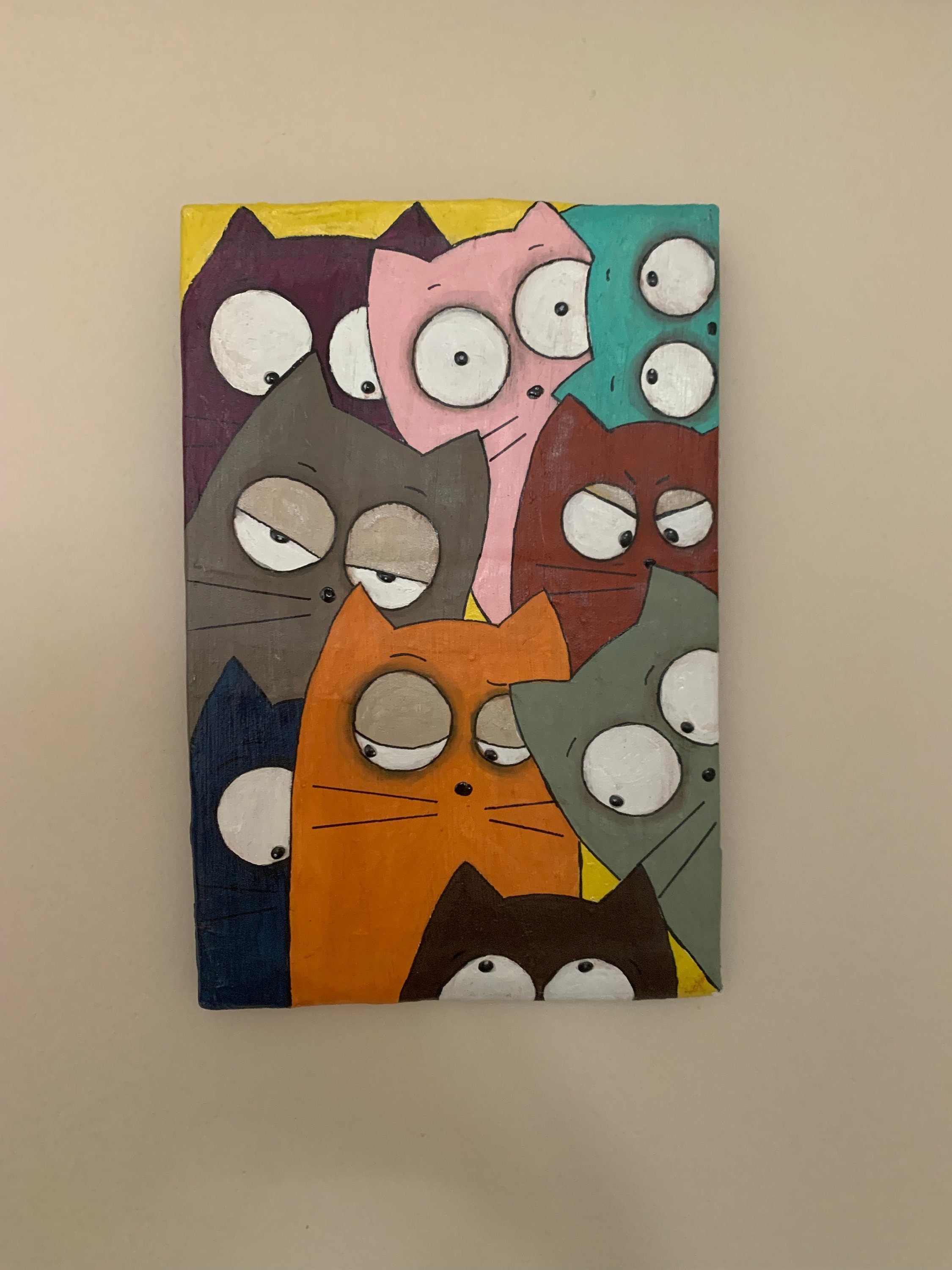 Funny Cute Cats Painting, Wall Decor, Original Colorful Art, Cat Canvas ...