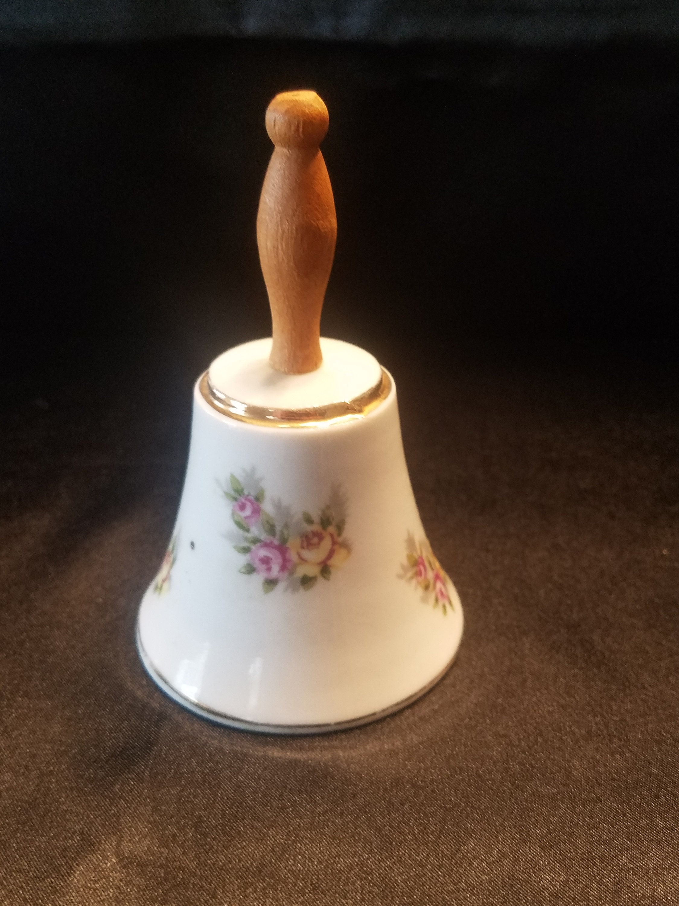 Vintage Enesco Porcelain Bell With Roses and Wooden Handle | Etsy