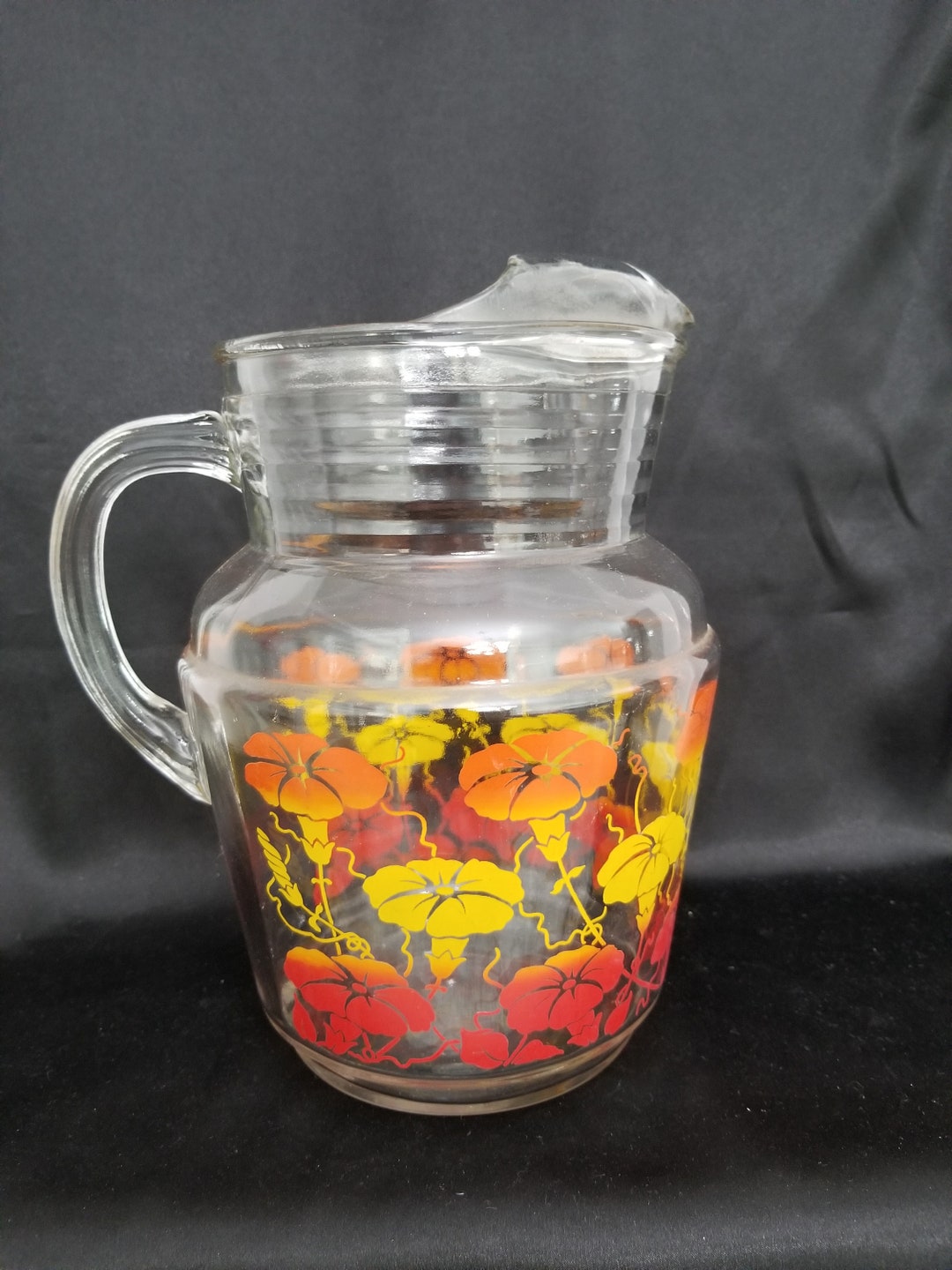 Anchor Hocking Red/yellow Morning Glory 3 Quart Pitcher - Etsy