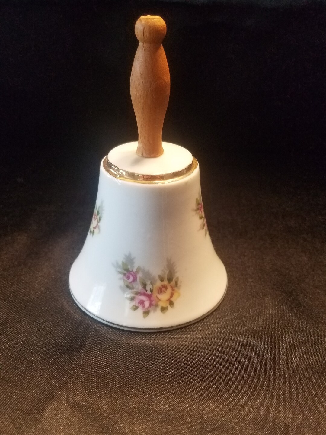 Vintage Enesco Porcelain Bell With Roses and Wooden Handle - Etsy