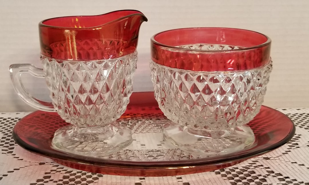 Vintage Indiana Glass Diamond Point Ruby Flashed Cream, Sugar & Tray - Etsy