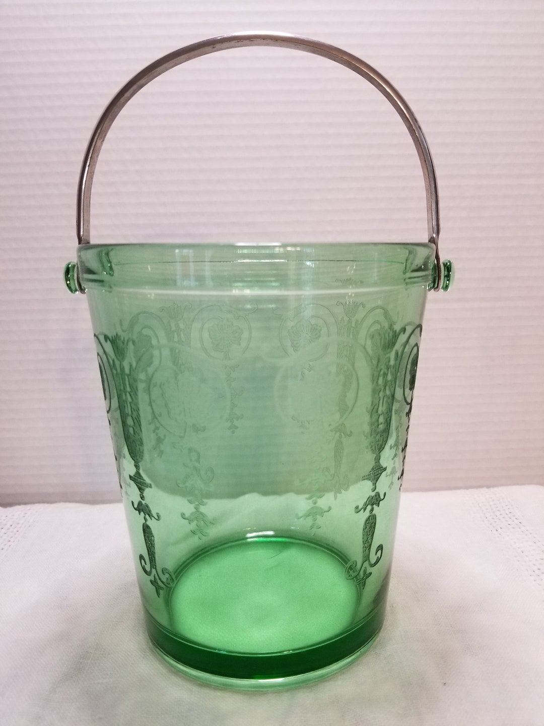 Vintage Fostoria Depression Uranium Green Glass Vernon Etch Ice Bucket ...