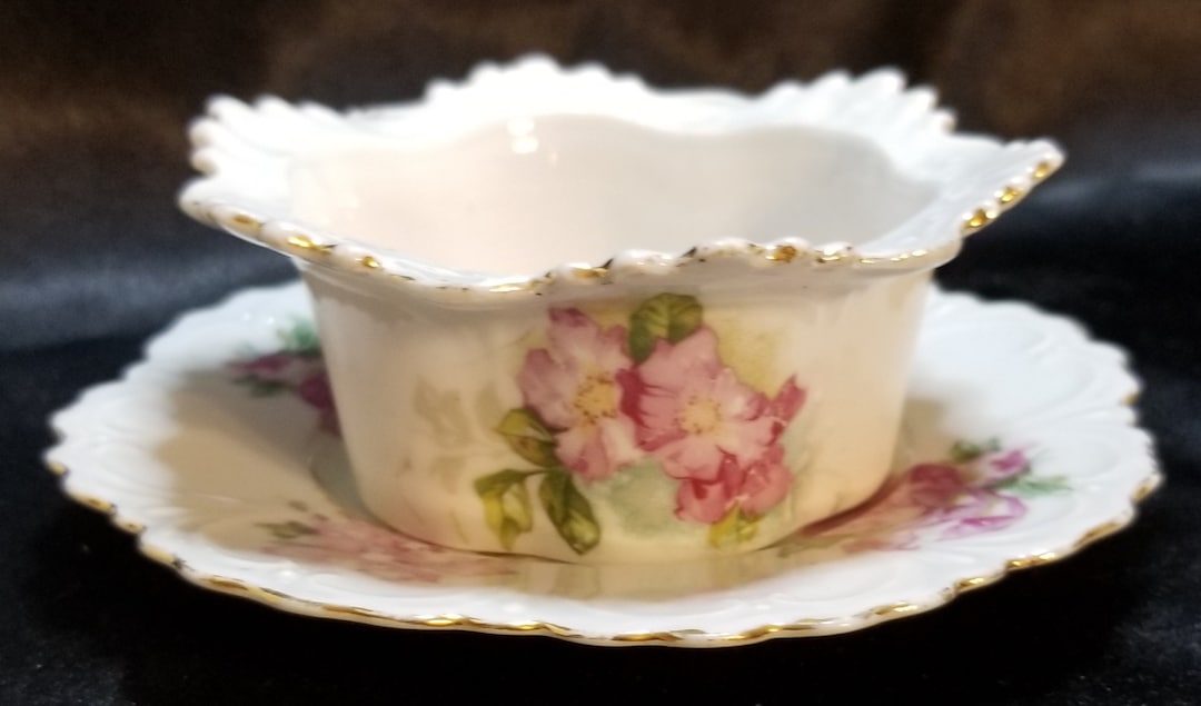 Antique Moritz Zdekauer Austria Porcelain Floral Ramekin and Saucer Set ...
