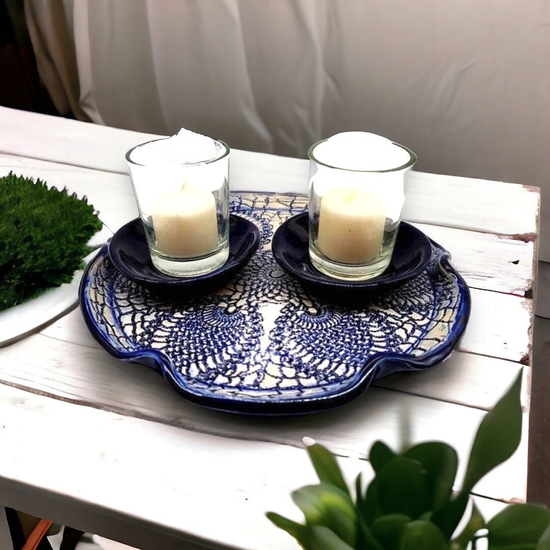 Shabbat Blue & White Tea Light Holders and Tray, Ceramic Votive Holders ...