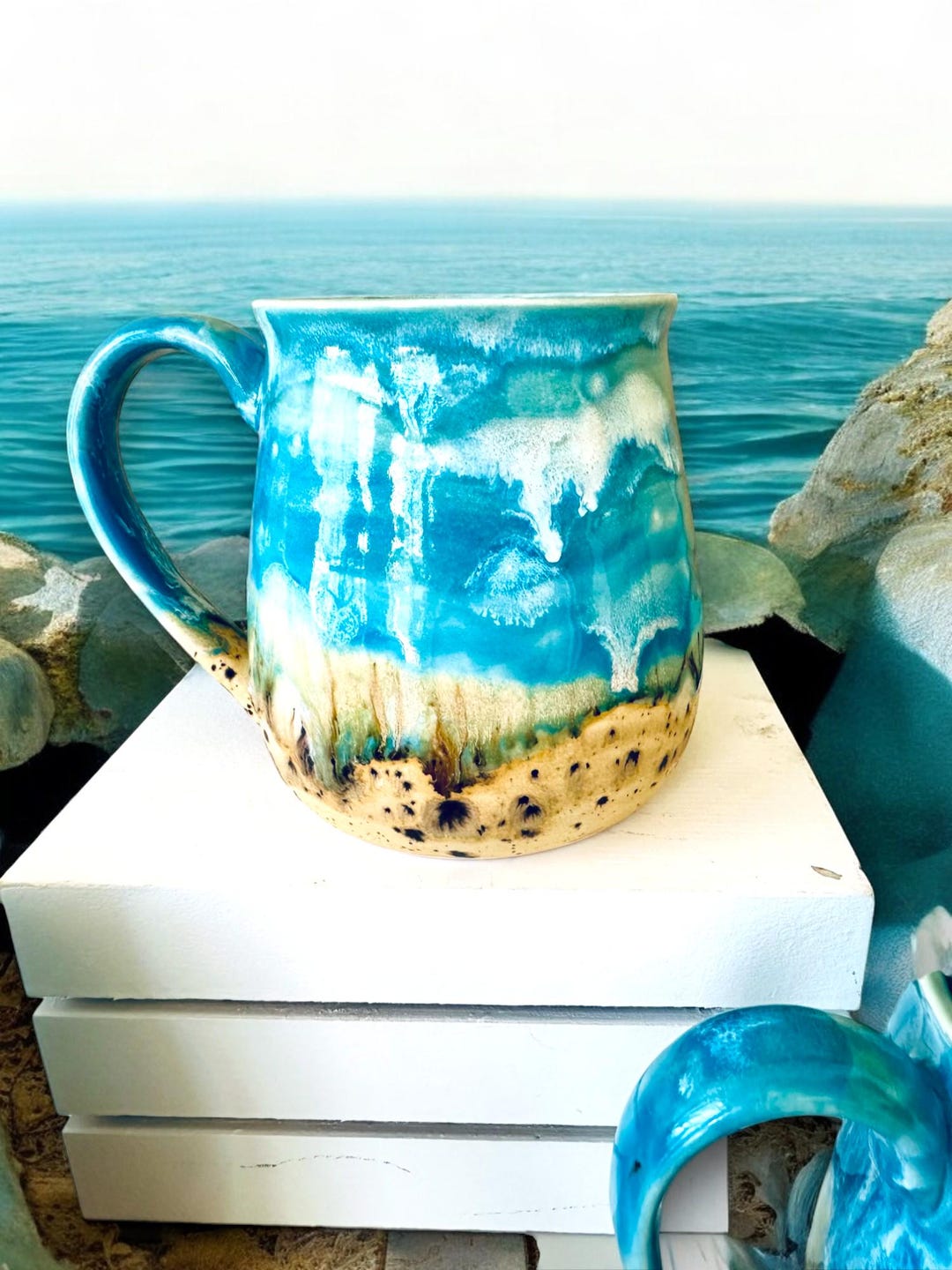 Large Sand and Sea Themed Mug, Blue Coastal Ceramic Cup, Beach Ocean ...