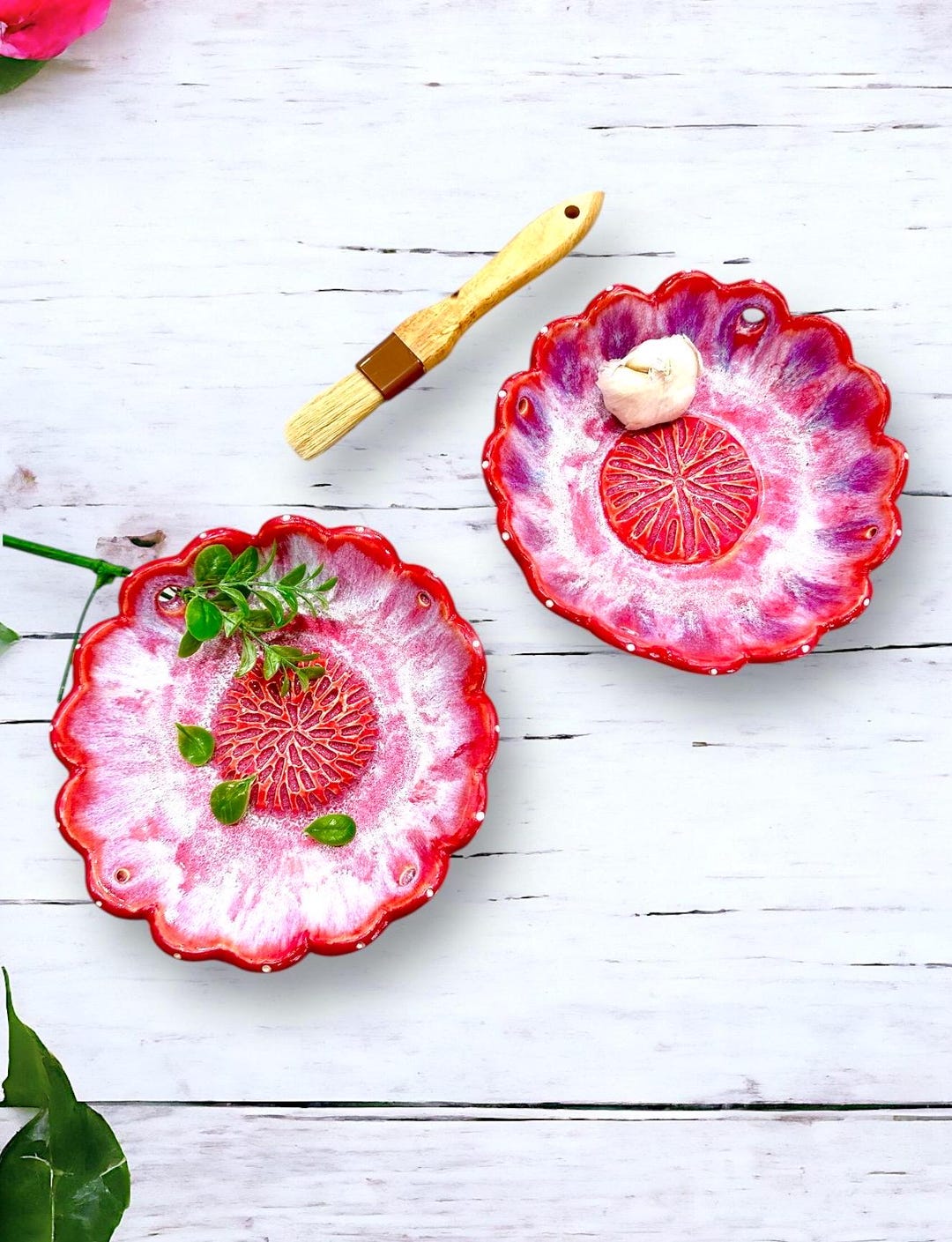 Pink Handmade Herb Stripper Garlic Grater Combination, Ceramic Herb ...