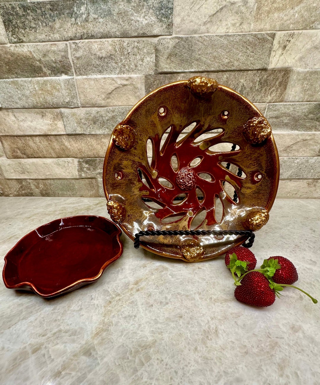 Copper and Burgundy Berry Bowl With Saucer, Handmade Strainer, Colander ...