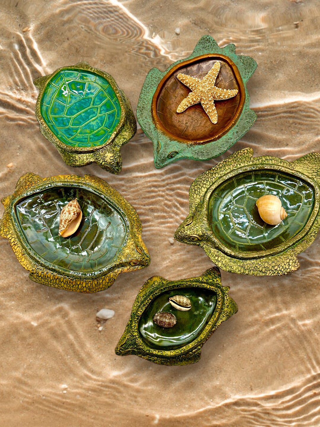 Sea Turtle Ceramic Bowl, Ocean Inspired Decor, Green and Gold Turtle ...