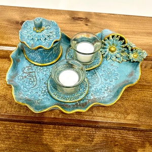 Blue Flower Shabbat Candle Holders & Tray Havdalah Spice Box - Etsy