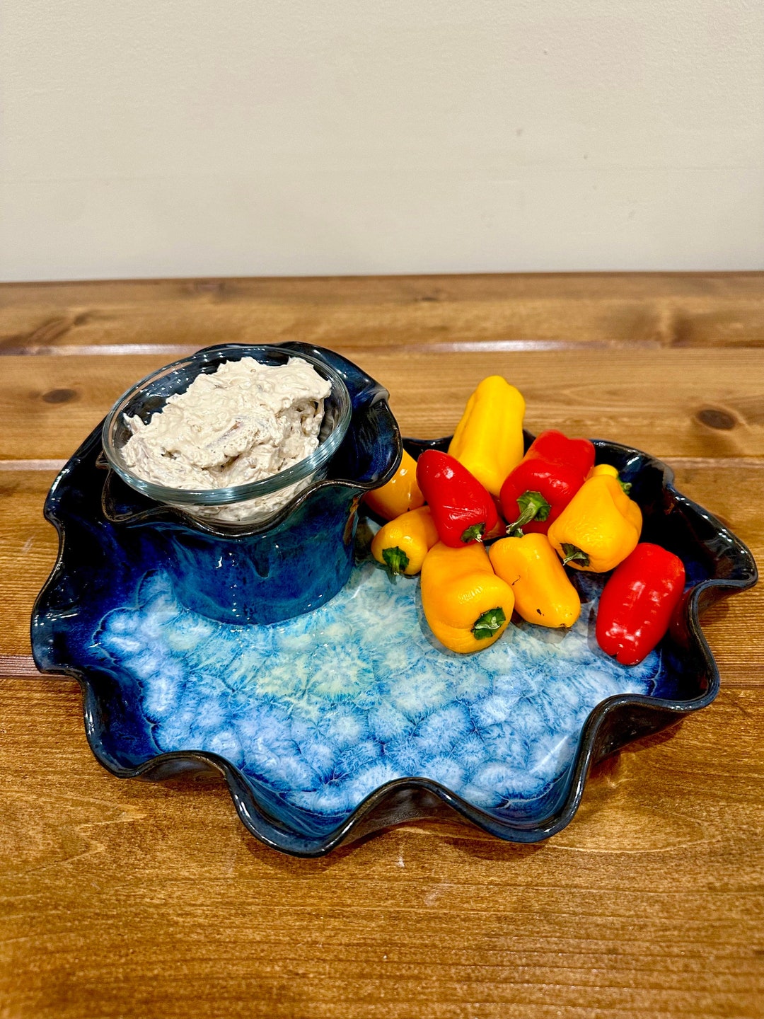 Blue Platter, Chip and Dip Bowl, Artisan Ceramic Serving Bowl, Handmade ...