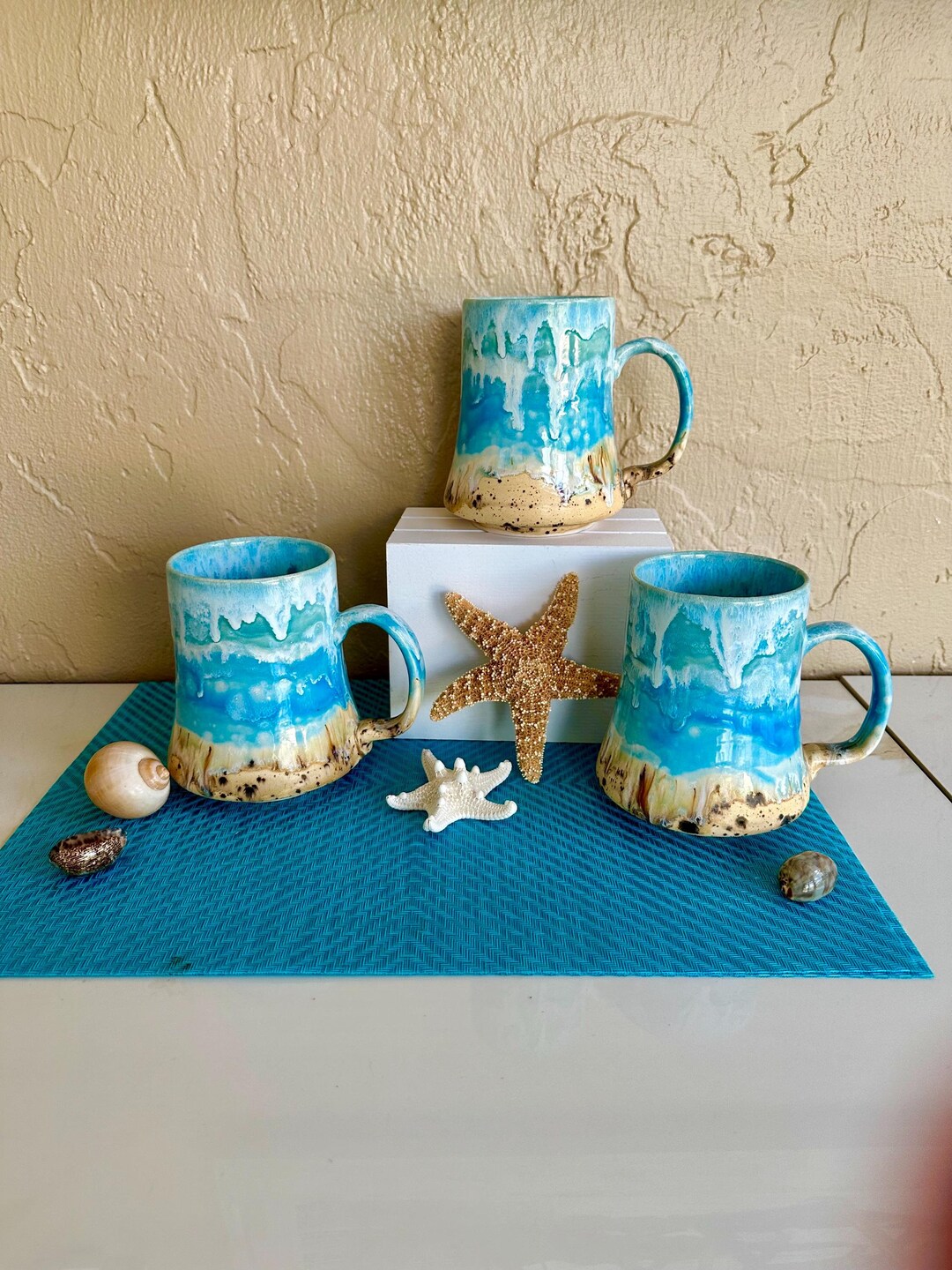 Extra Large Sand and Sea Themed Mug, Blue Coastal Ceramic Soup Mug ...