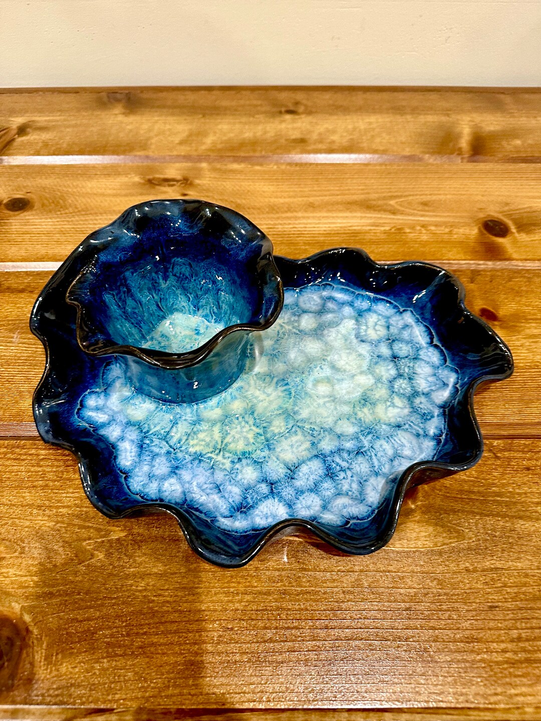 Blue Platter, Chip and Dip Bowl, Artisan Ceramic Serving Bowl, Handmade ...