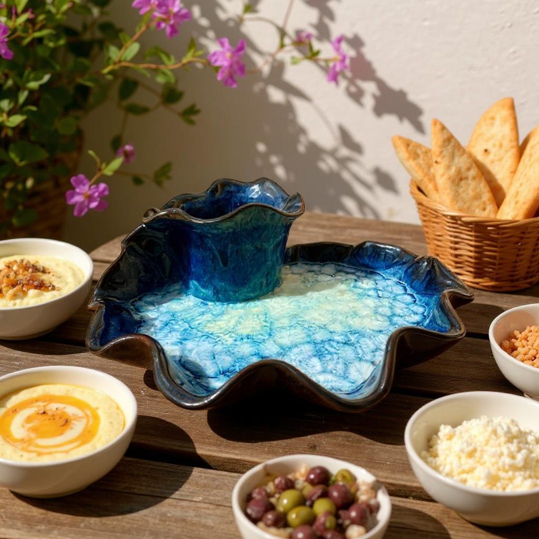 Blue Platter, Chip and Dip Bowl, Artisan Ceramic Serving Bowl, Handmade ...