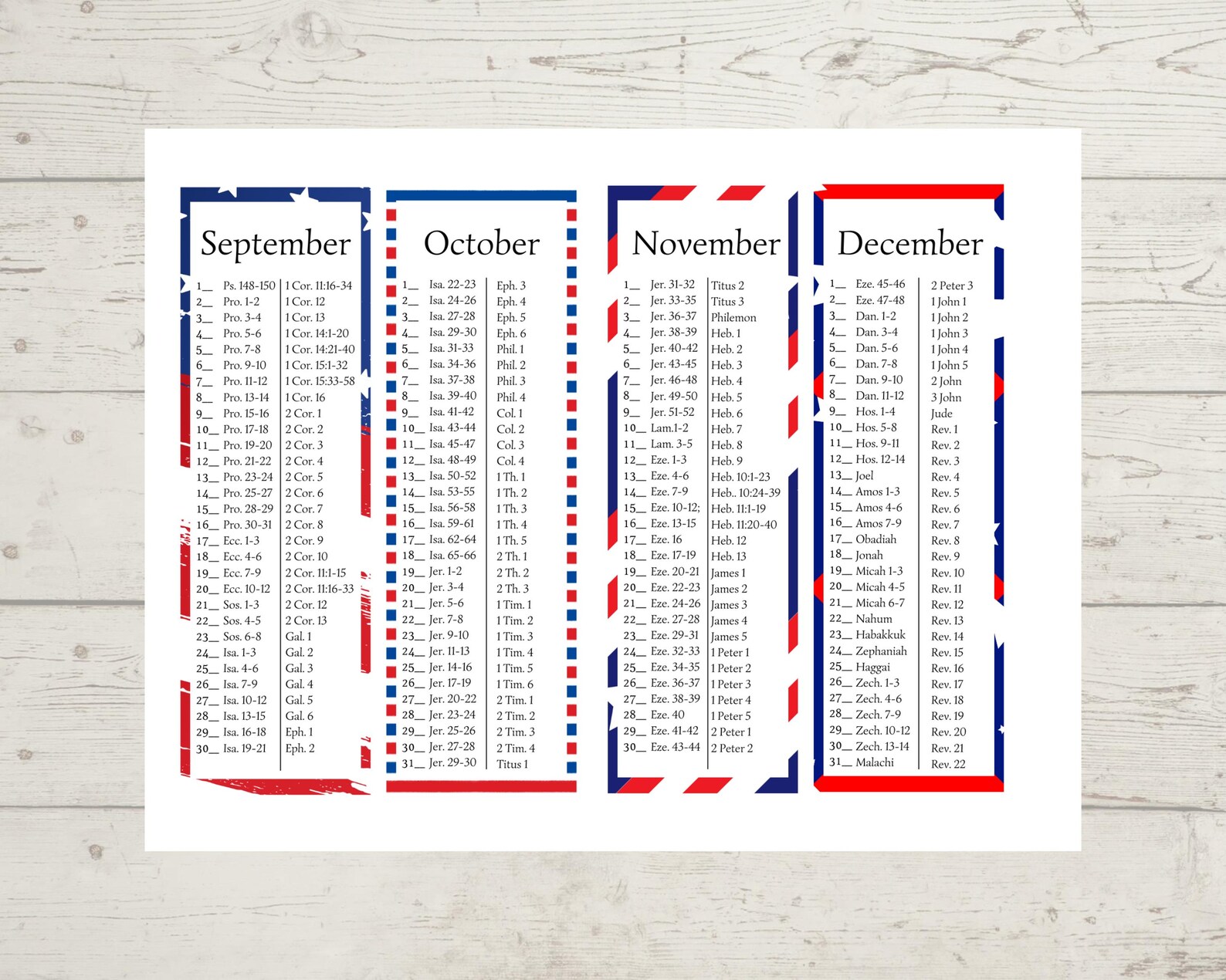 Bible Reading Plan Bookmarks, Red, White, and Blue Design, 12 Monthly ...