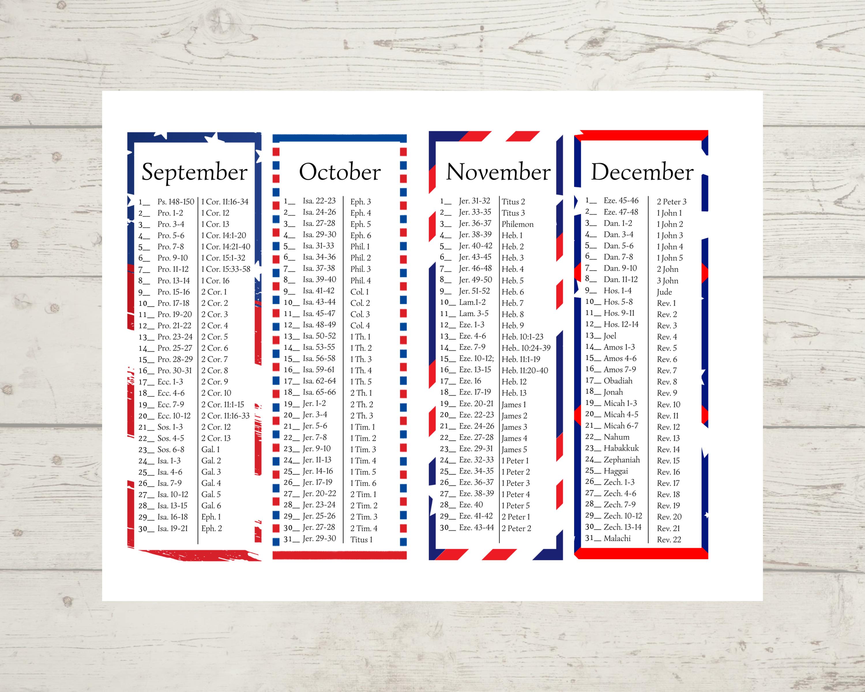 Bible Reading Plan Bookmarks, Red, White, and Blue Design, 12 Monthly ...