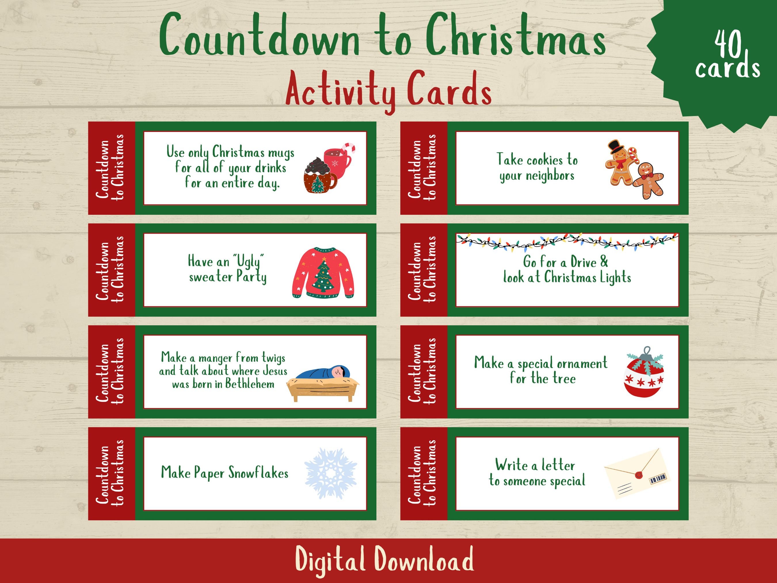Countdown to Christmas Advent Activity Cards, Printable Christmas ...