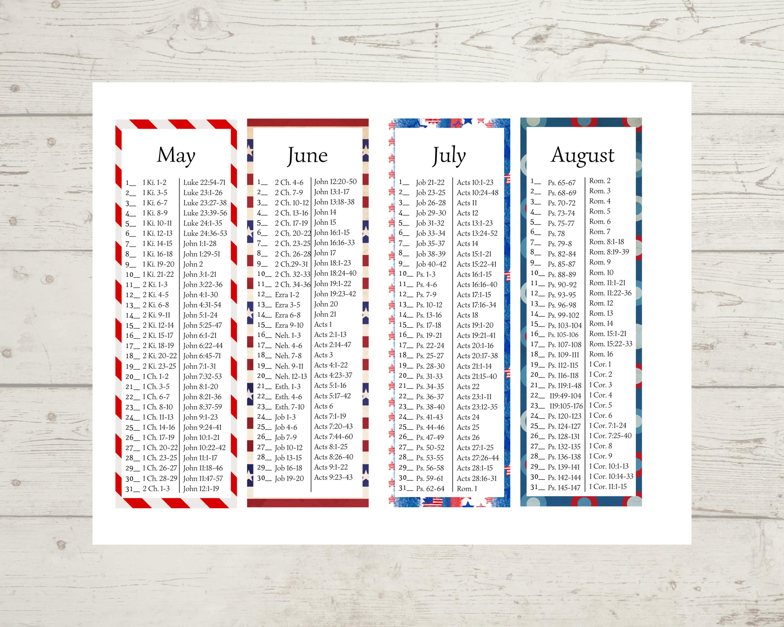 Bible Reading Plan Bookmarks, Red, White, and Blue Design, 12 Monthly ...