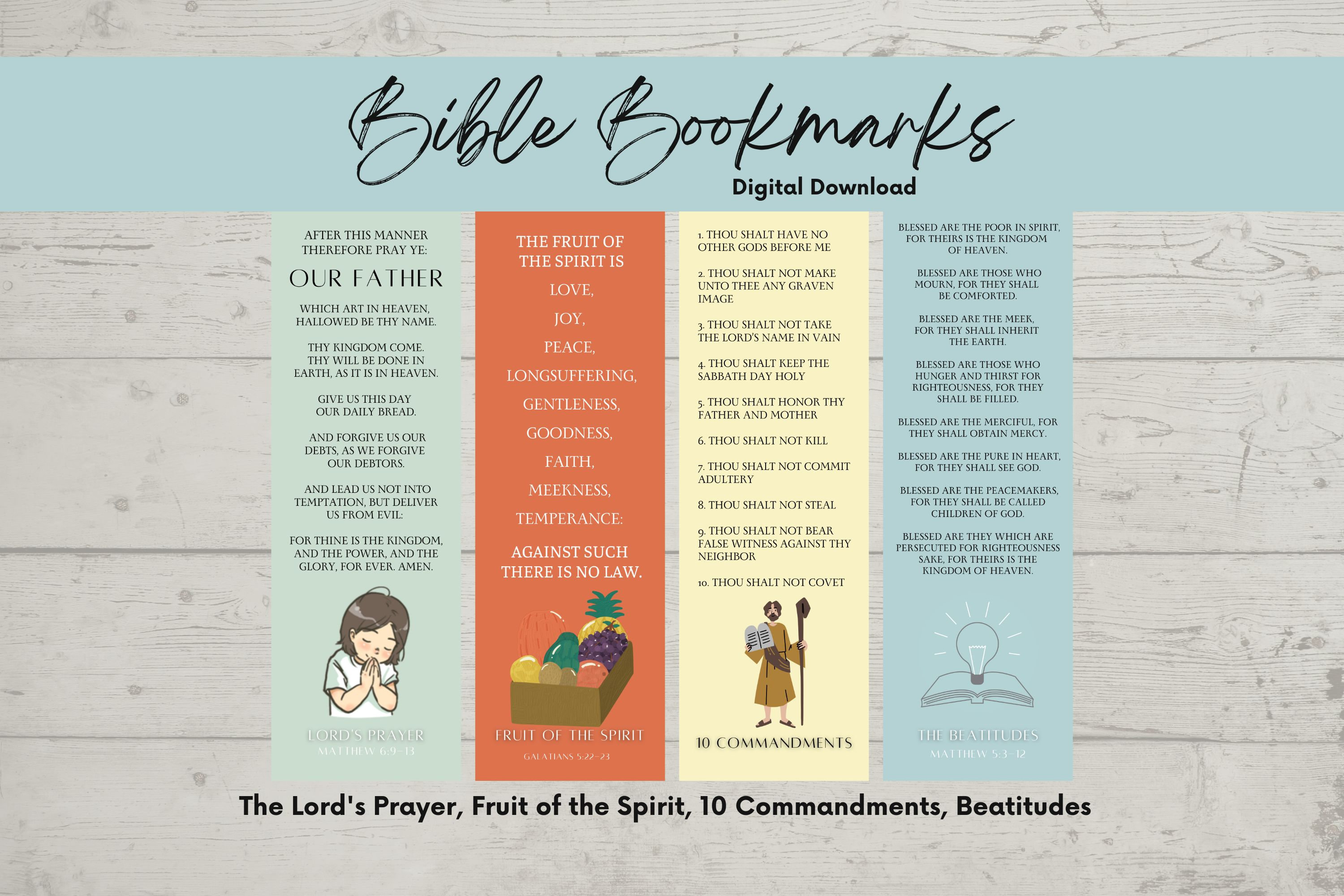 Bible Bookmarks Bundle, 10 Commandments, Beatitudes, Fruit of the ...
