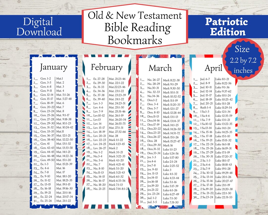 Bible Reading Plan Bookmarks, Red, White, and Blue Design, 12 Monthly ...