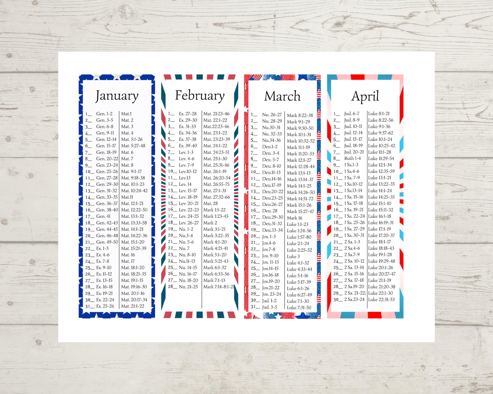 Bible Reading Plan Bookmarks, Red, White, and Blue Design, 12 Monthly ...