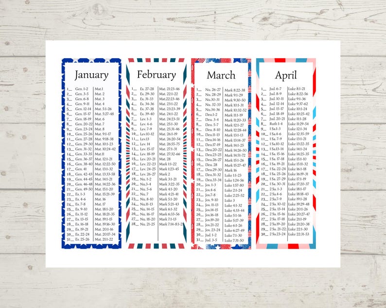 Bible Reading Plan Bookmarks, Red, White, and Blue Design, 12 Monthly ...