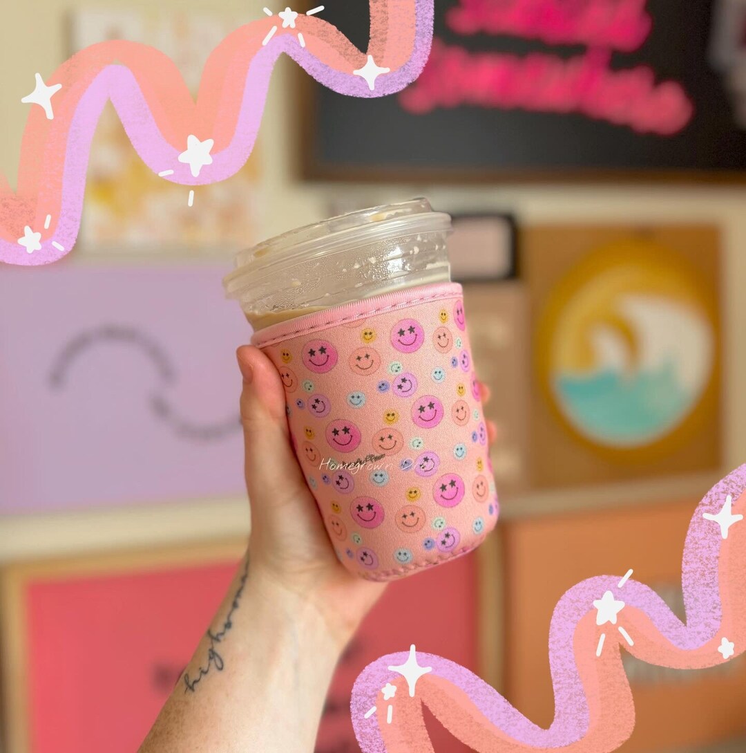 Smiley Iced Coffee Sleeve, Drink Cover, Iced Coffee Lover Gift, Trendy ...