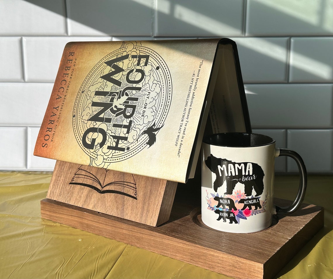 Custom Engraved Wooden Book Holder With Cup Holder | Walnut or Cherry ...