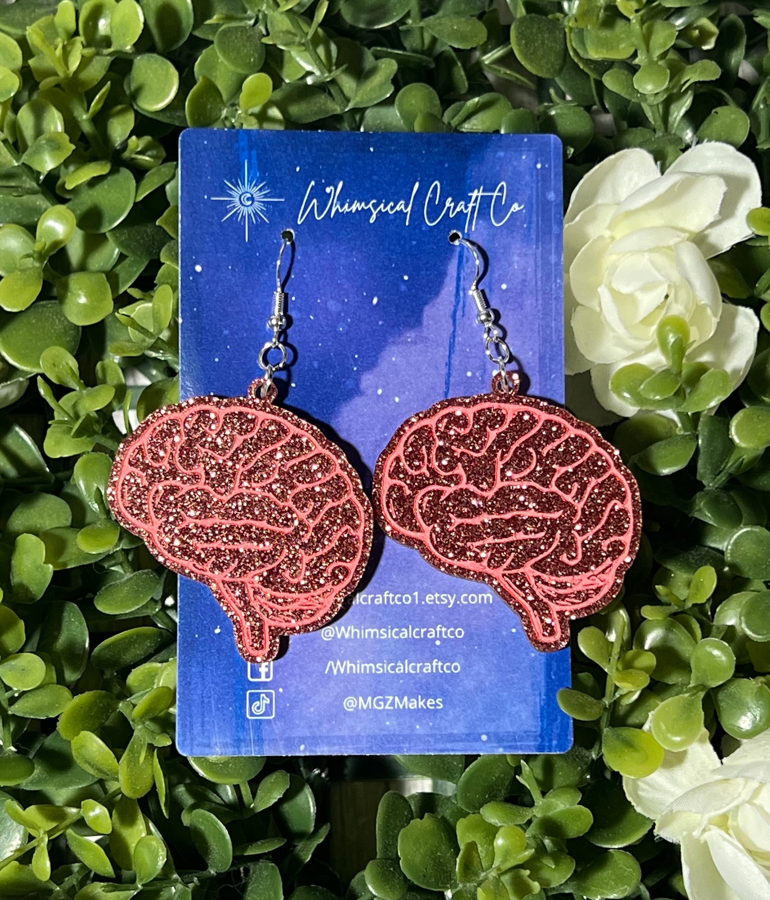 Custom Pink Glitter Acrylic Brain Earrings - Anatomy Jewelry - Acrylic ...