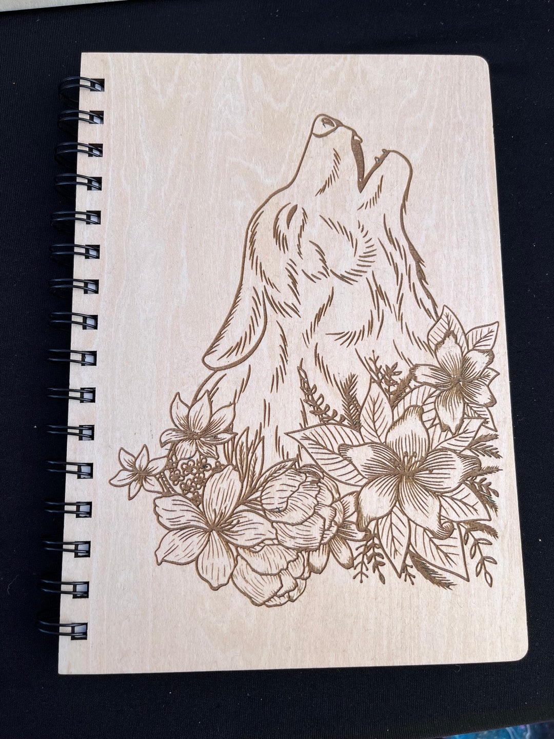 Custom Wood Howling Wolf Flowers Notebook Journal - Booktok Journal ...