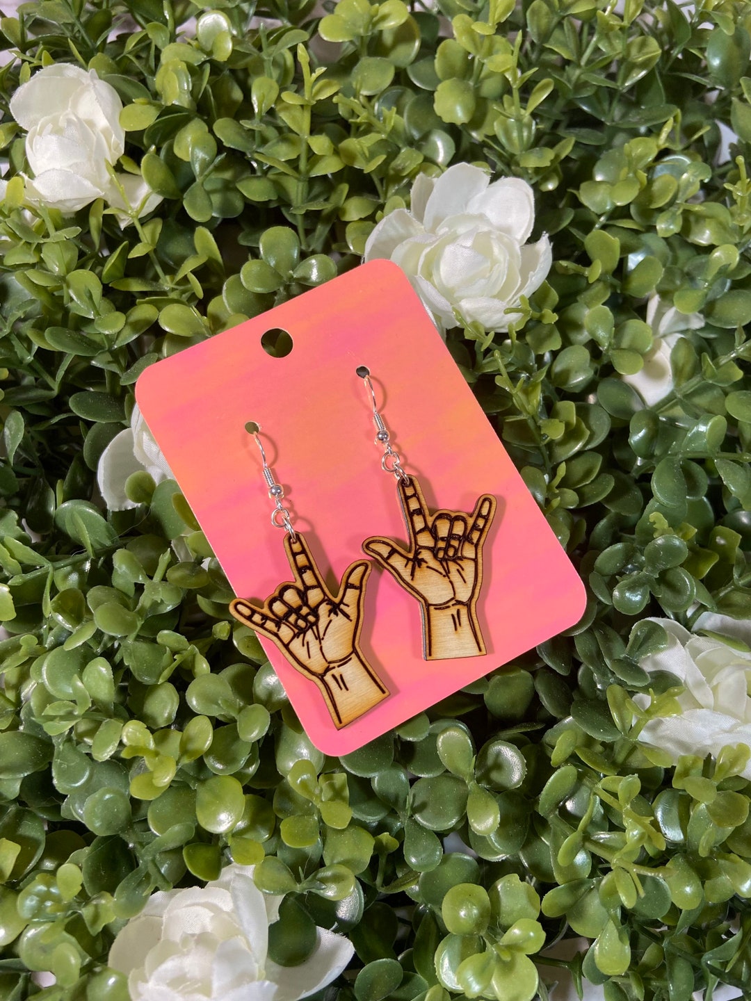 ASL American Sign Language I Love You Sign Wood Earrings - Deaf Hard of ...