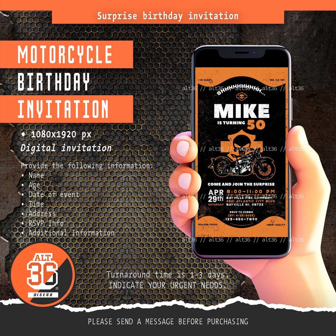 Surprise Motorcycle Birthday Invitation, Digital Birthday Invitation ...