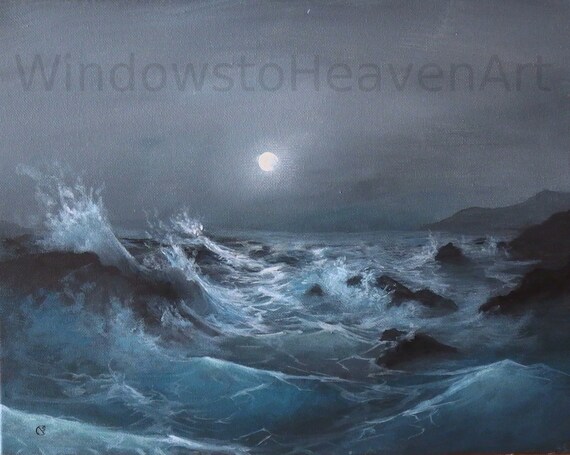 Original Acrylic Nighttime Sea Painting With Glowing Waves - Etsy UK
