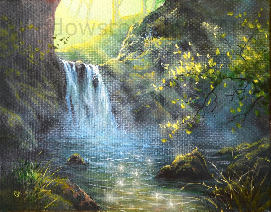 Original Acrylic Waterfall Landscape Painting Printed on Stretched ...
