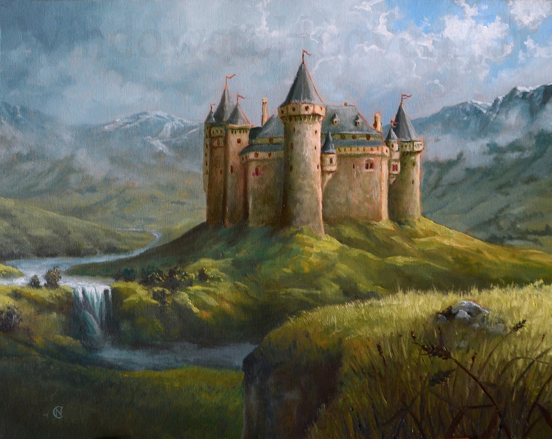 Original, Castle in the Mountains Oil Landscape Painting, Printed on ...