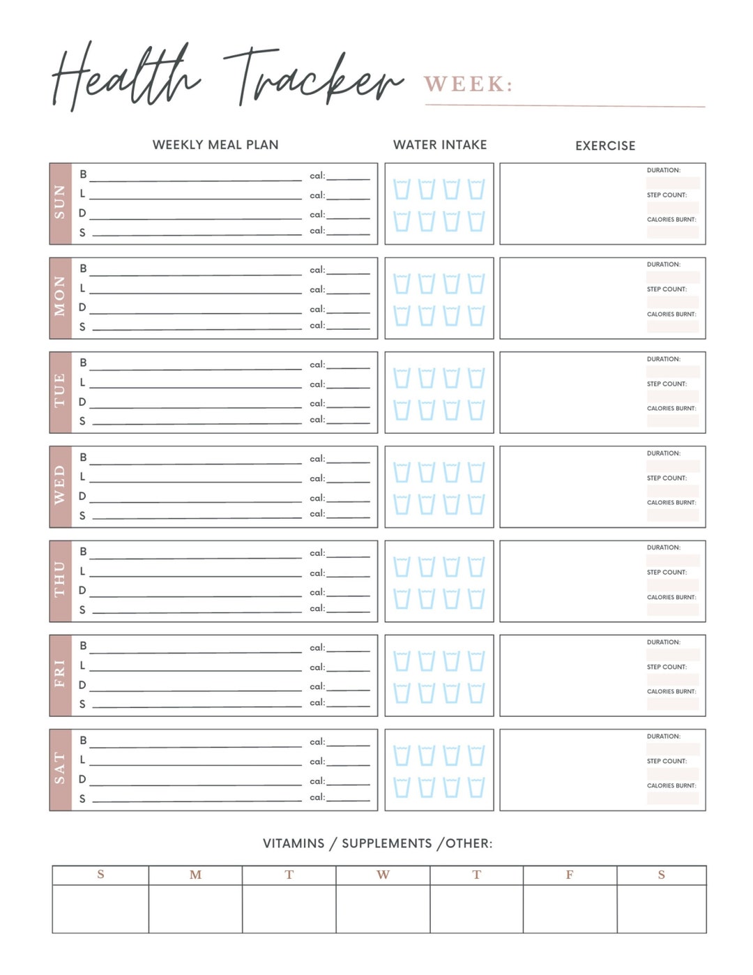 Personal Health Tracker: Meals, Exercise, Etc. Printable - Etsy
