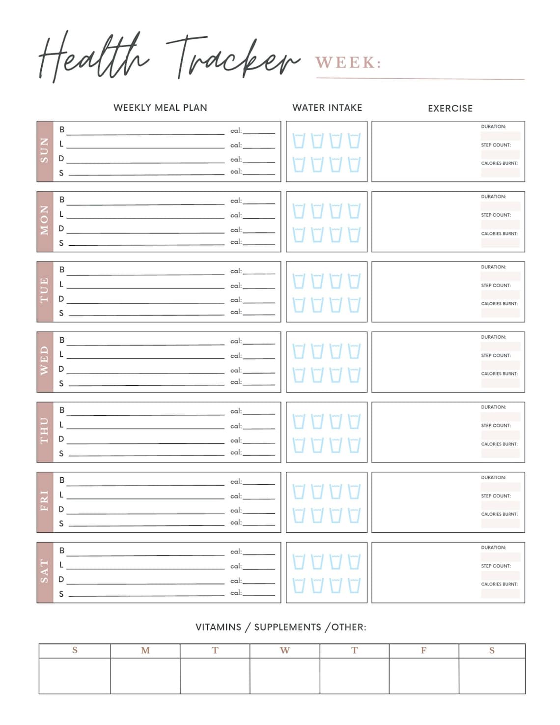 Personal Health Tracker: Meals, Exercise, Etc. Printable - Etsy