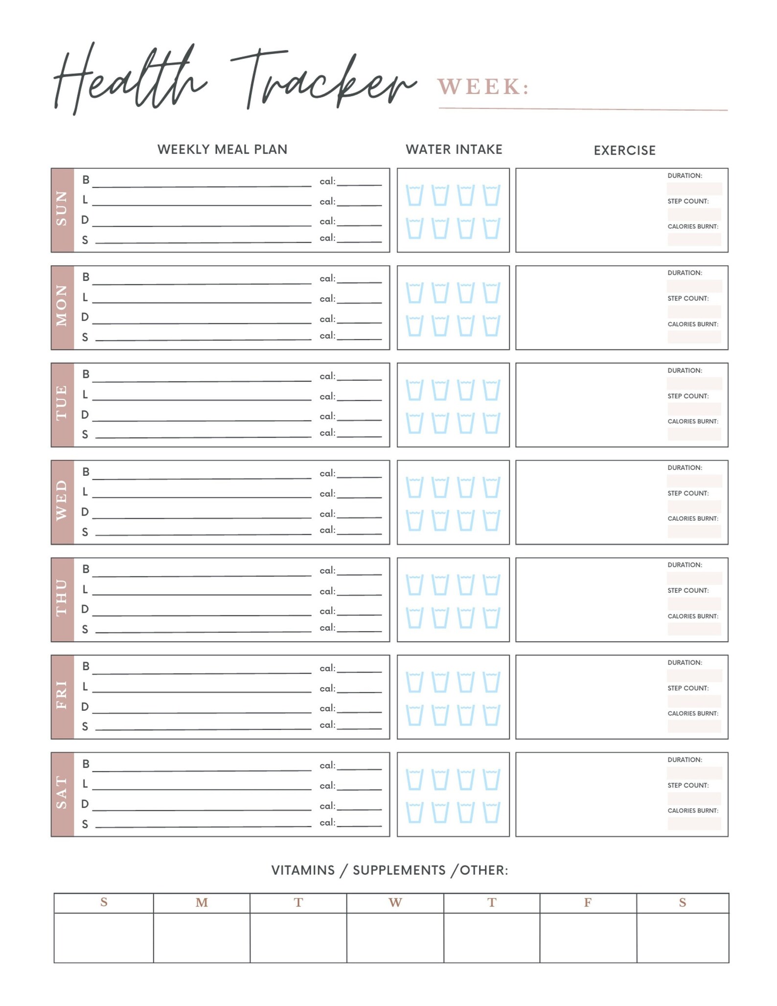Personal Health Tracker: Meals Exercise Etc. Printable - Etsy