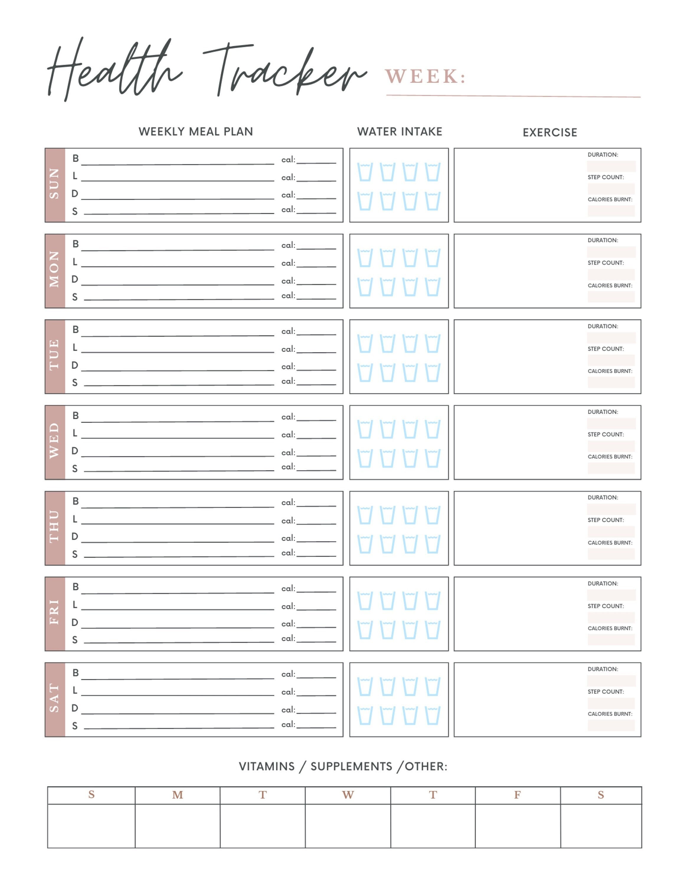 Personal Health Tracker: Meals, Exercise, Etc. Printable - Etsy