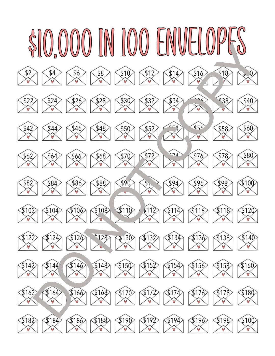Envelope Savings Challenge Printable 10,000 in 100 Envelopes Budget ...