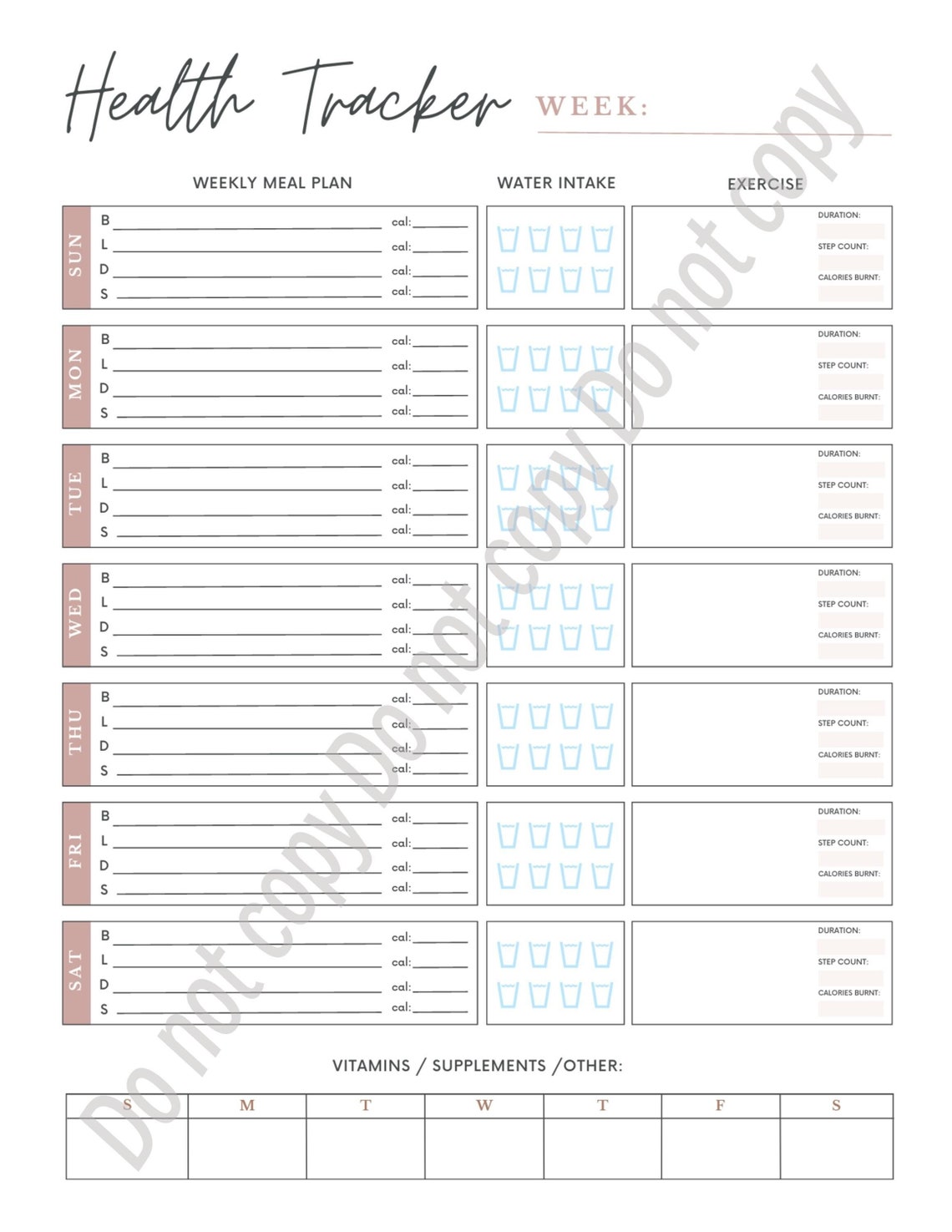 Personal Health Tracker: Meals, Exercise, Etc. Printable - Etsy