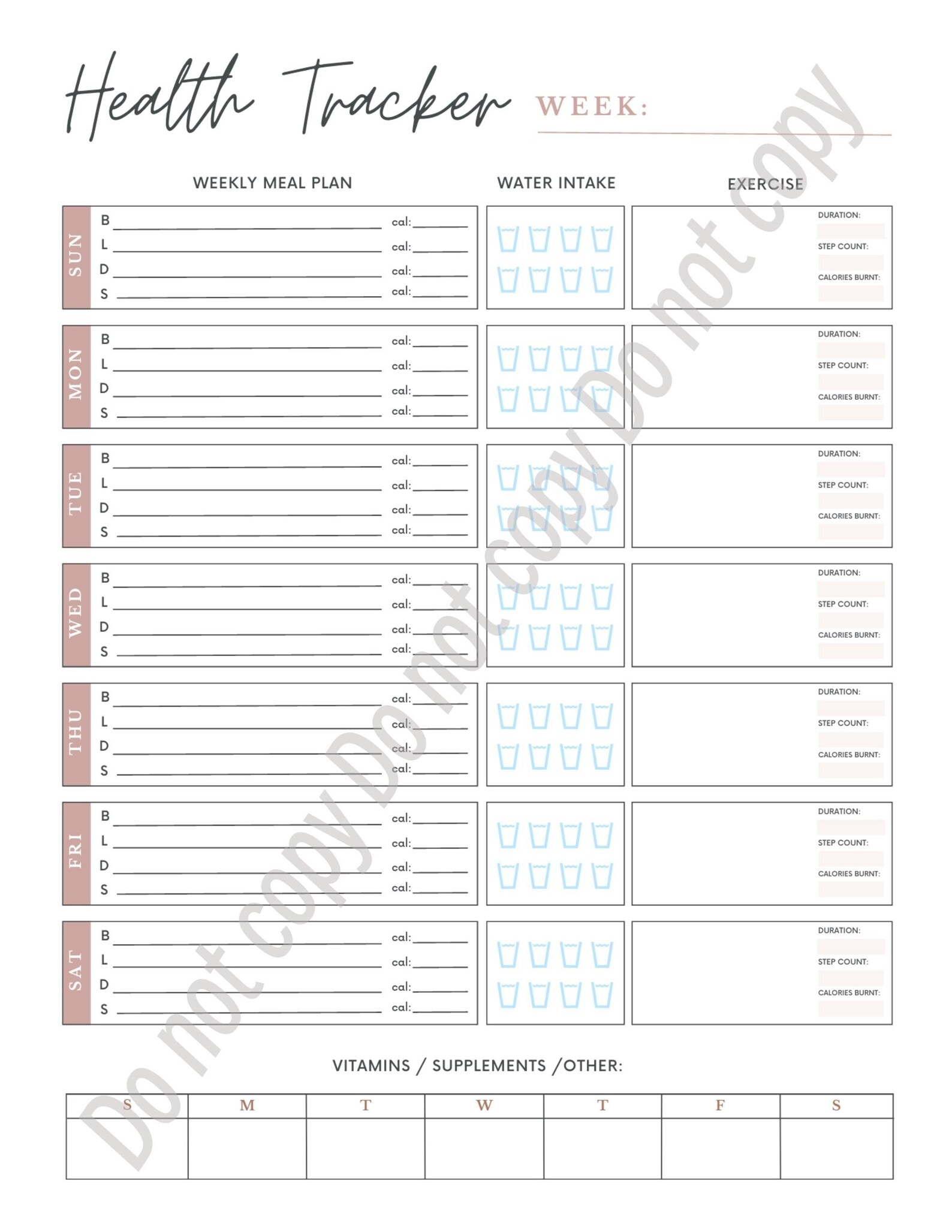 Personal Health Tracker: Meals, Exercise, Etc. Printable - Etsy