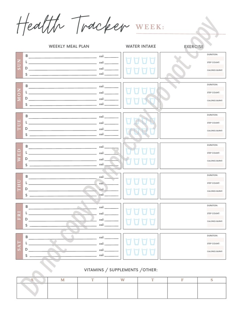 Personal Health Tracker: Meals, Exercise, Etc. Printable - Etsy