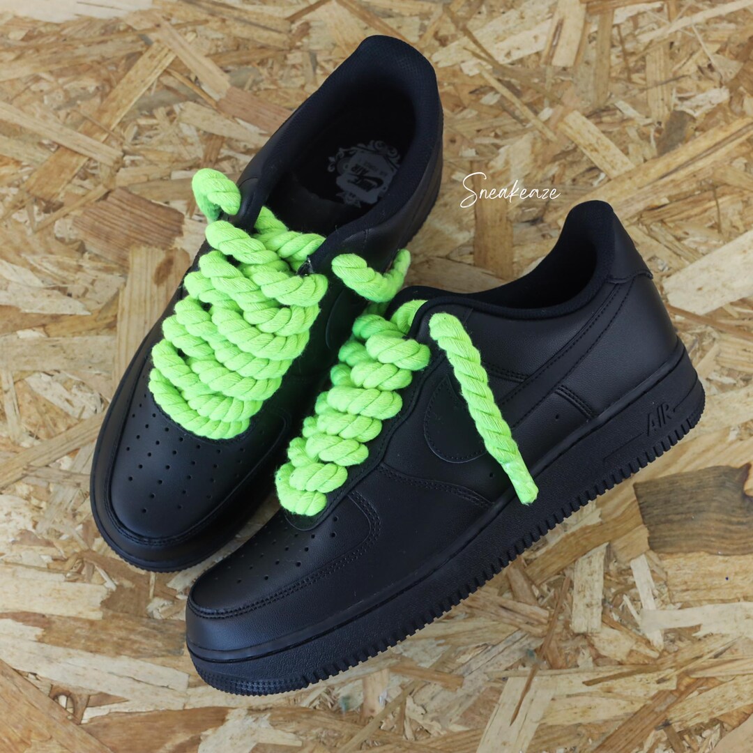 Air Force 1 Sneakers, Black, Custom Rope Laces, Neon Green, Chunky Rope ...