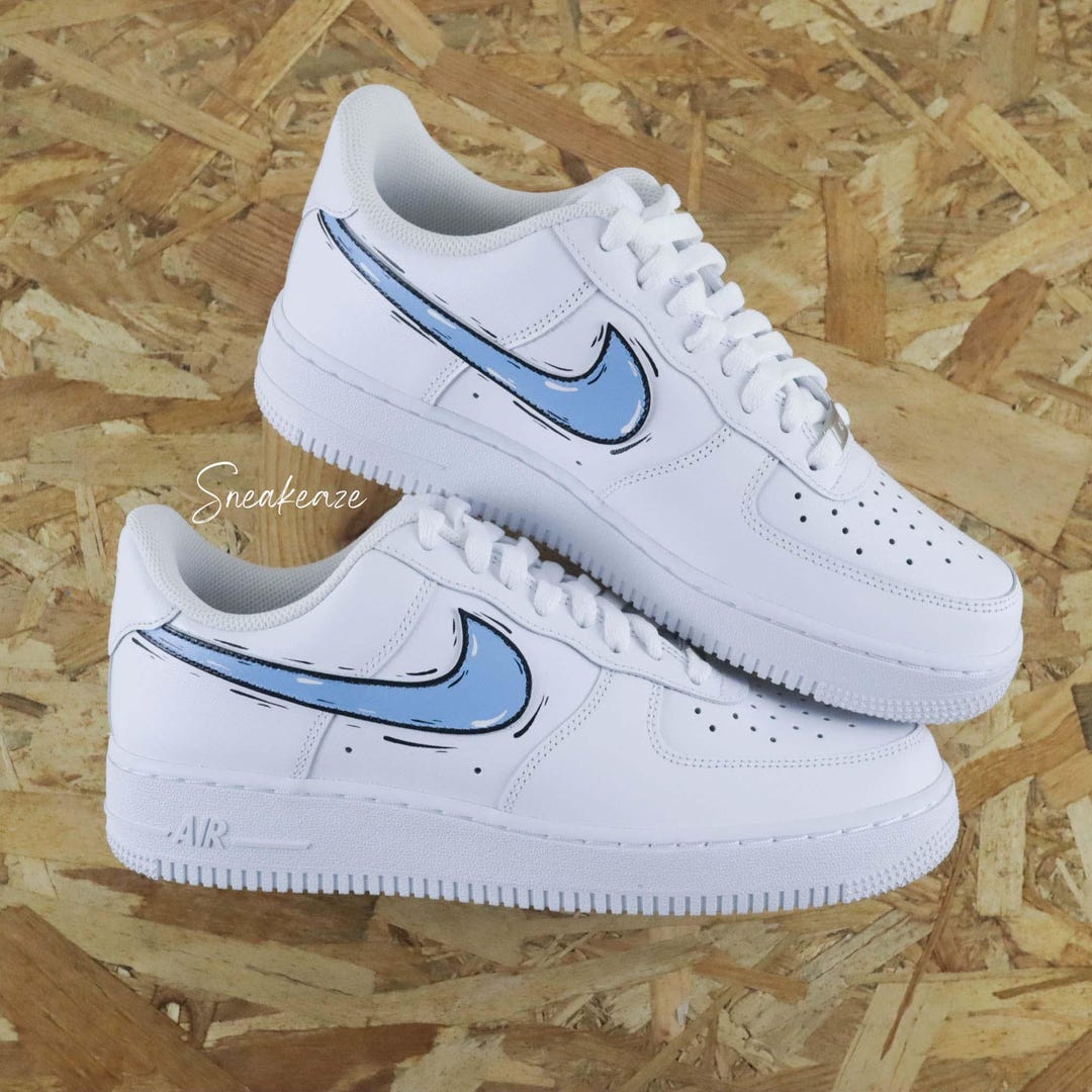 Custom Air Force 1 Sneakers AF1 Swoosh Cartoon Sketch Pastel Light Blue ...