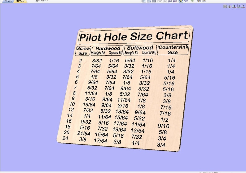 Pilot Hole Size Chart | Vector Files for CNC | Dxf. Svg. Ai. Eps. Pdf ...