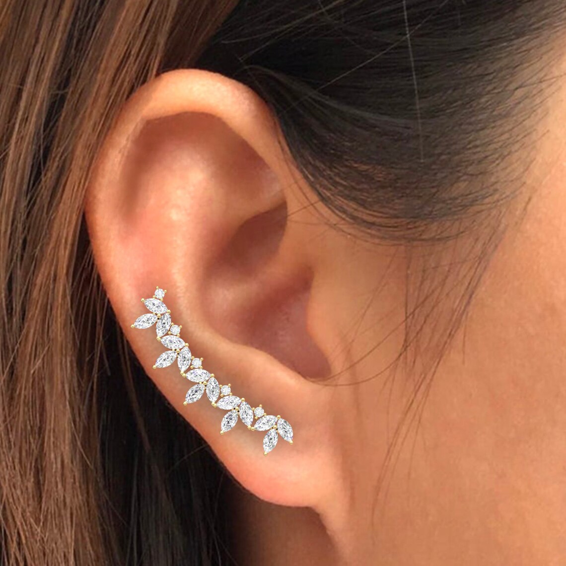 Diamond Curved Helix Earring Diamond Lobe Piercing Marquise | Etsy