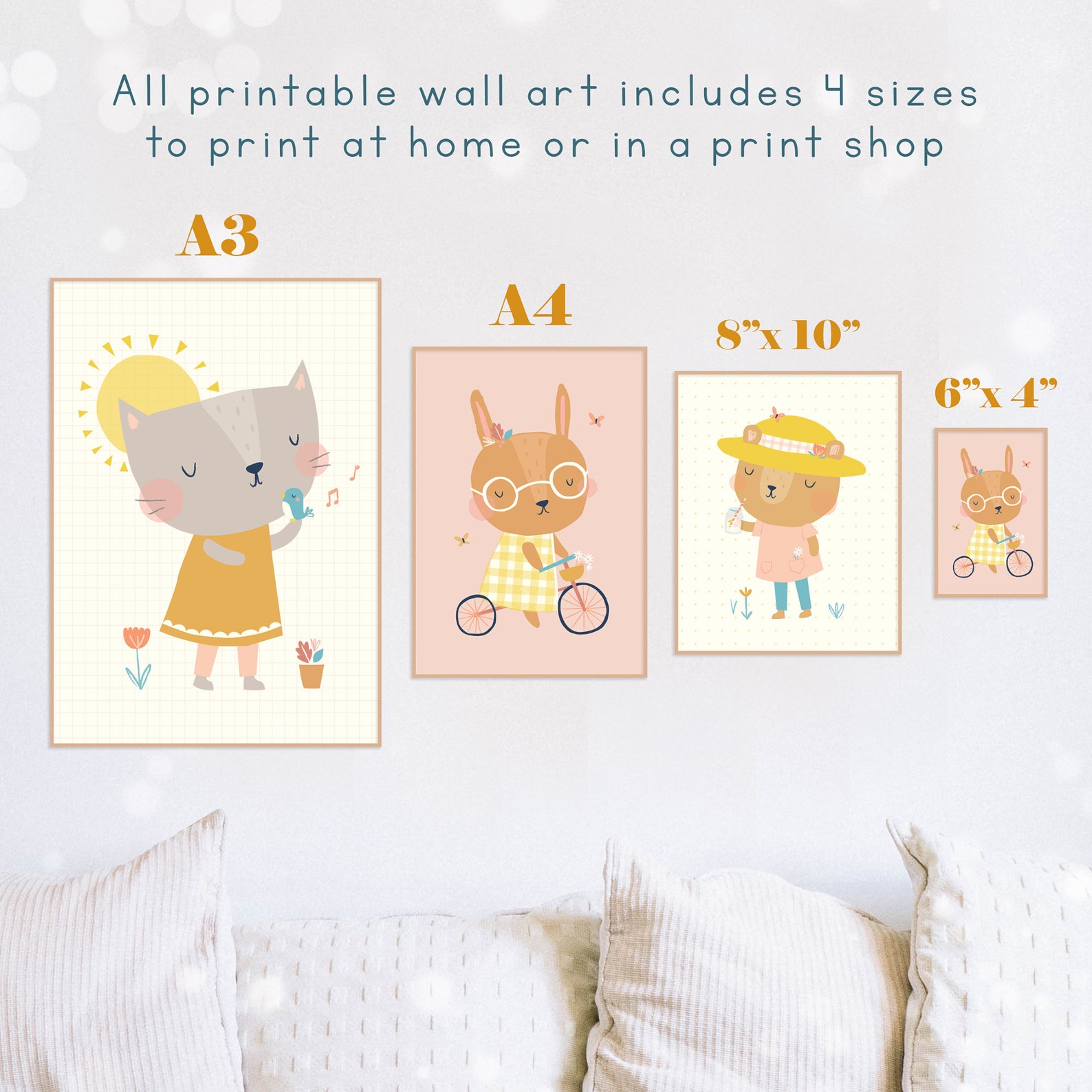 Cute Animals Prints Set of 3, Printable Nursery Wall Art Decor, Bunny ...