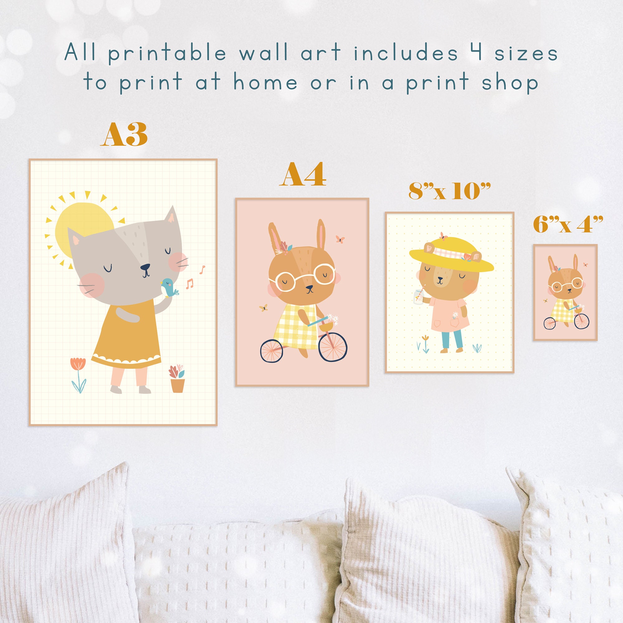 Cute Animals Prints Set of 3, Printable Nursery Wall Art Decor, Bunny ...