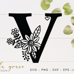 V Floral Alphabet SVG, Flower Wedding Monogram Cut File, Botanical ...