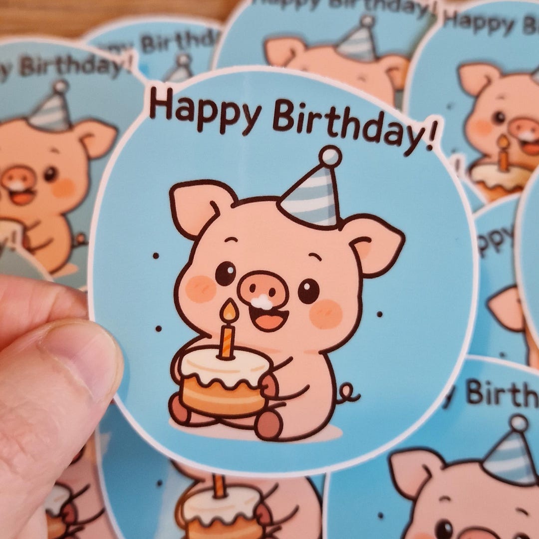 Happy Birthday Sticker. Cute Pig With Birthday Cake. - Etsy